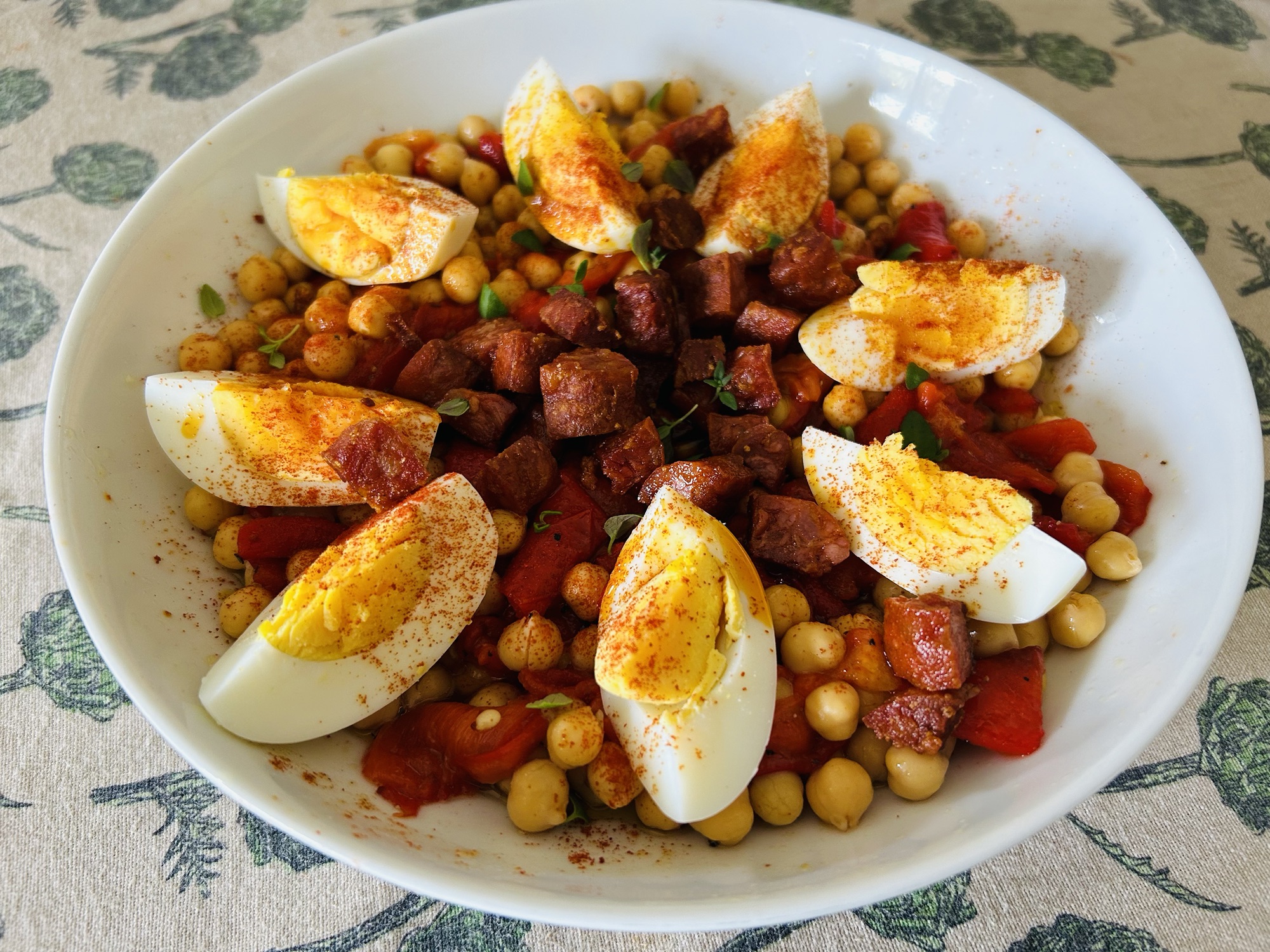 Chickpea tapas with peppers, chorizo and eggs – Pigeon Cottage Kitchen
